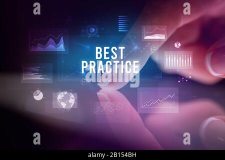 Finger touching tablet with charts and BEST PRACTICE inscription ...