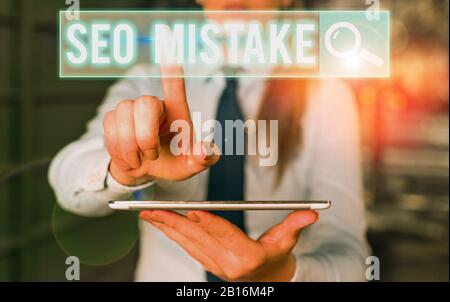Text showing inspiration Seo Mistake. Word Written on action or ...