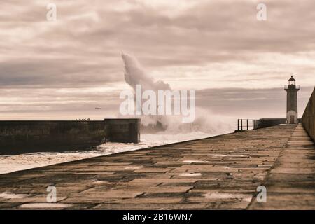 Winter seascape with Atlantic huge waves. Portuguese northern coast ...