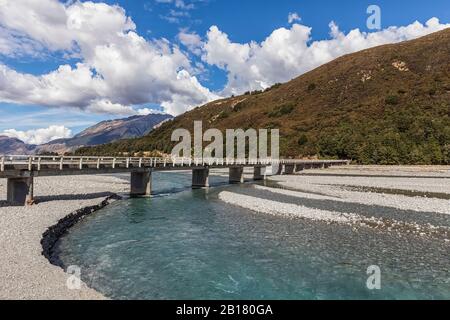 Bealey Bridge over the Waimakariri River, Canterbury, New Zealand. Looking east towards ...