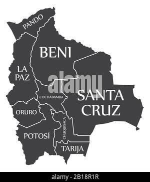 BOLIVIA map design. Country names in different languages and map shape ...