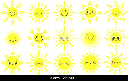Hand drawn shining sun collection. Summer heat vector doodle sun ...