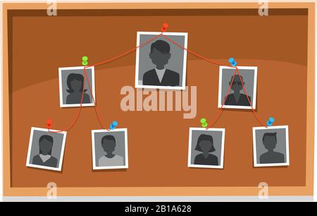 Team structure chart. Company members board, pinned working team photos ...