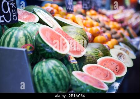 Watermelons in Spanish food market Stock Photo - Alamy