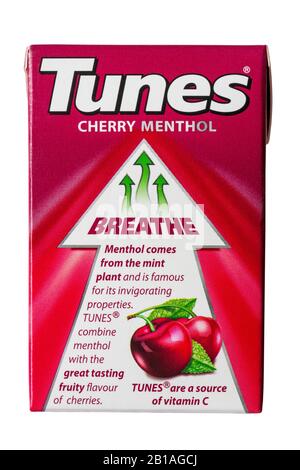 Box of Tunes Cherry Menthol sugar free sweets isolated on white ...