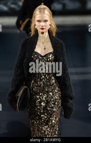 A model walks the runway during the Dolce & Gabbana Fall/Winter 2026 ...