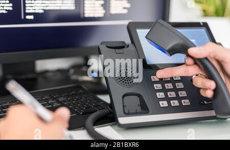 VOIP communication headset support, call center operator and customer ...