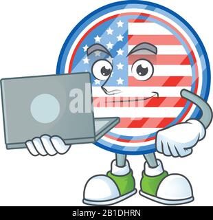 A smart circle badges USA with star mascot icon working with laptop ...