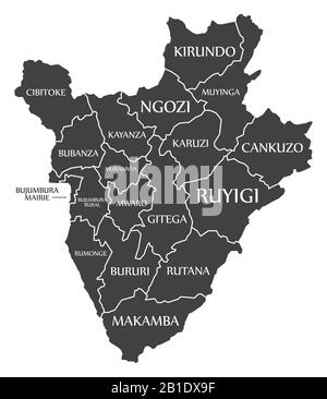 BURUNDI map design. Country names in different languages and map shape ...