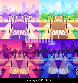 Night city street intersection cartoon vector background. Urban ...