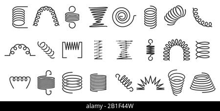 Metal spring icons. Flexible spiral lines, steel wire coils isolated ...