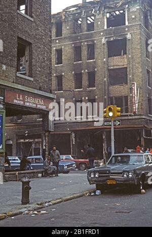 Abandoned burn out shops and tenement blocks, South Bronx, New York ...