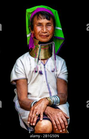 Pan Pet, Kayah State, Myanmar - February 2020: Portrait of an elderly Kayan longneck woman or ...