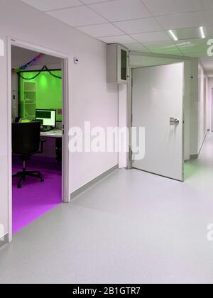 Open door of new IRM MRI Magnetic resonance imaging room in ultra ...