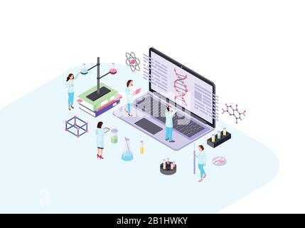 Isometric science laboratory infographic with molecular biology genetics physics life science ...