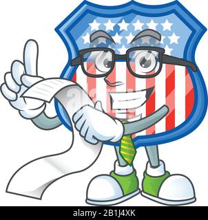 A funny face character of shield badges USA with star holding a menu ...