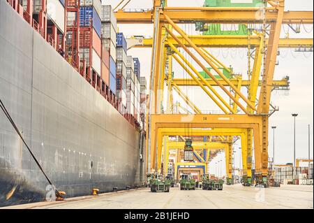 Transportation and logistic industry. Trucks and vessel ready to be ...