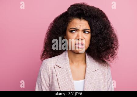 Upset woman model disgust emotions beige background portrait Stock ...