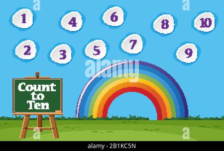 Number one to ten with blue sky and colorful rainbow background ...