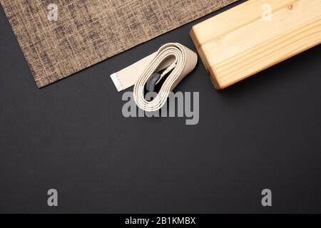 Top view on unrolled yoga, pilates or fitness mat for exercise with ...