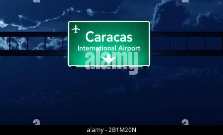Caracas Venezuela Airport Highway Road Sign at Night 3D Illustration ...