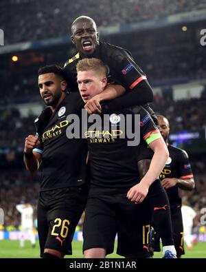 Manchester City's Riyad Mahrez with Manchester City's Benjamin Mendy during the UEFA Champions ...