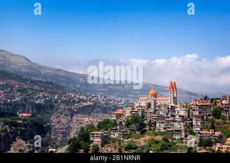View of the beautiful hillside town of Bsharri (Bcharre) and Mar Saba ...