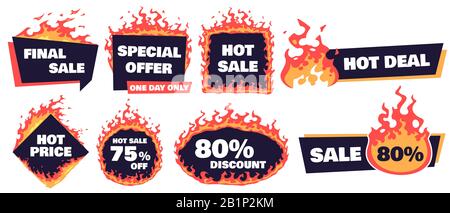 Flaming hot deal icon or symbol with stylized fire, shadow on a ...
