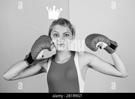Athletic princess. happy woman party crown. female boxer boxing gloves ...