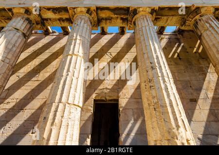 Temple of Hephaestus close-up in sunlight, Athens, Greece. It is famous ...