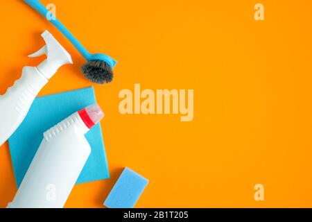 House cleaning products on blue background, flat lay Stock Photo - Alamy