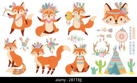 Tribal fox. Cute foxes, indian feather warbonnet and wild animal ...