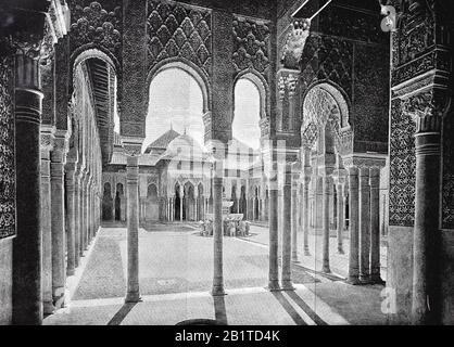 The Alhambra in Granada. Court of the lions. Higham colored engraving ...