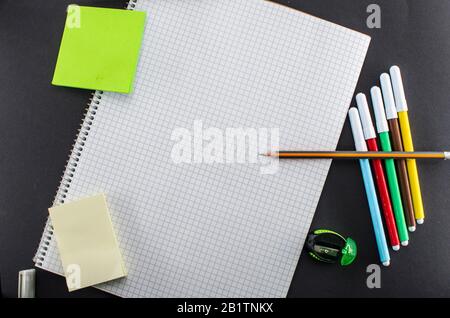 Black felt pen and blank notebook with ruler sheets mockup with copy ...