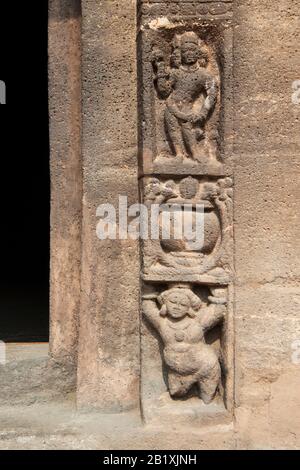 Vihara No. 14 at the Ajanta Caves in India displays detailed rock-cut ...