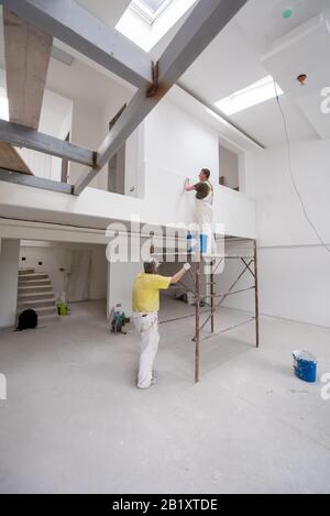 Construction worker using scaffold while plastering Stock Photo - Alamy