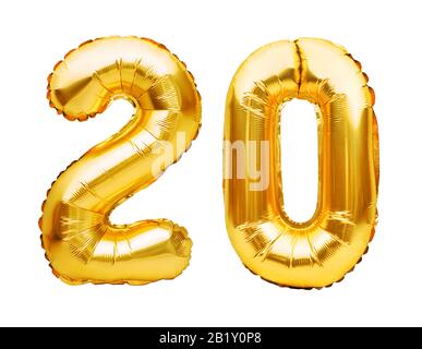 Gold number 20 foil birthday balloon isolated on white. Golden party ...