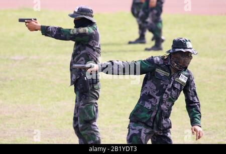 In-service policemen pointing their service weapon while on maneuver ...