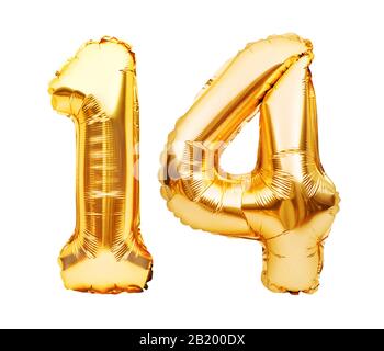 Golden number 14 fourteen made of inflatable balloon Stock Photo - Alamy