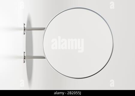 Round singboard or signage isolated on the white wall with blank white ...