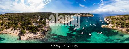 Drone shot, view over the Five Finger Bay of Portals Vells, Majorca ...