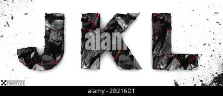 Coal letters G, H, I on white background, 3d rendering, isolated. Ember ...