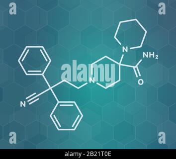 Piritramide opioid analgesic drug molecule. 3D rendering. Atoms are ...