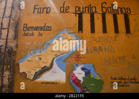 Map at the lighthouse at Punta Gallinas, the northernmost tip of South ...