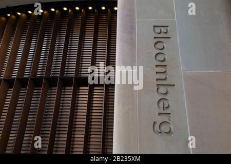 A stone engraved with the name Bloomberg at the corporate Headquarters ...