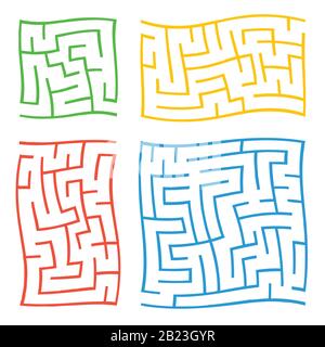 A set of colored square and rectangular labyrinths with entrance and exit. Simple flat vector ...