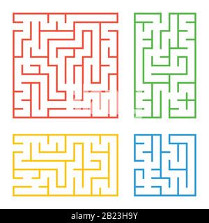 A set of square and rectangular labyrinths with entrance and exit. Simple flat vector ...