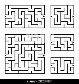 A set of square and rectangular labyrinths with entrance and exit. Simple flat vector ...