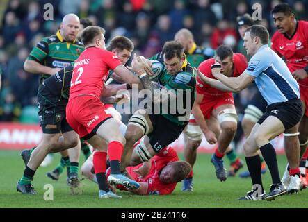 Saracen's Nick Tompkins is tackled by Northampton Saints' Ollie ...