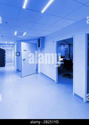 Open door of new IRM MRI Magnetic resonance imaging room in ultra ...